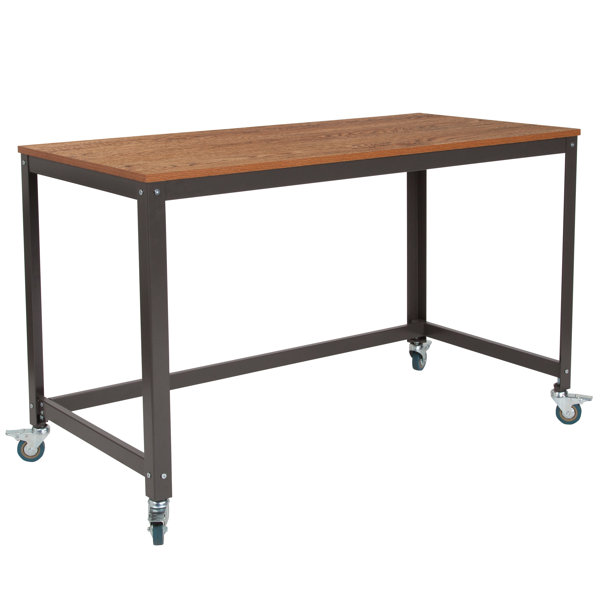 Symple Stuff Coventry Computer Table and Desk in Brown Oak Wood Grain Finish with Metal Wheels ...